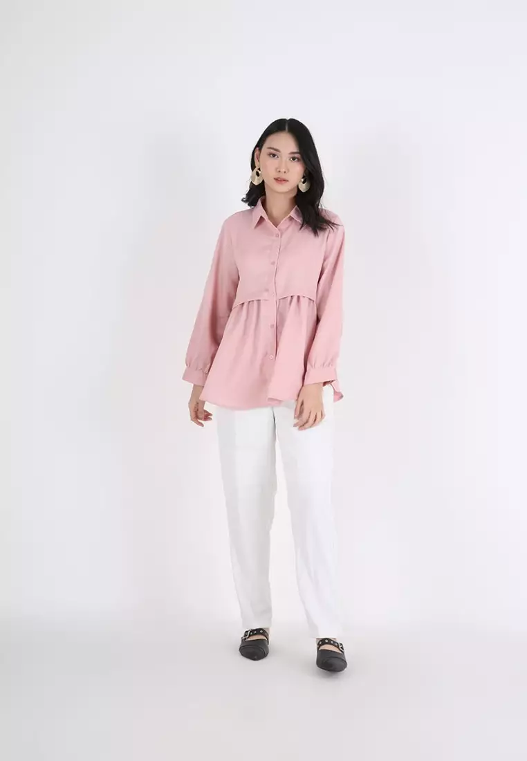 Jual Sorabel Hiucha Plain Gathered Long Shirt Pink Original 2024 ...