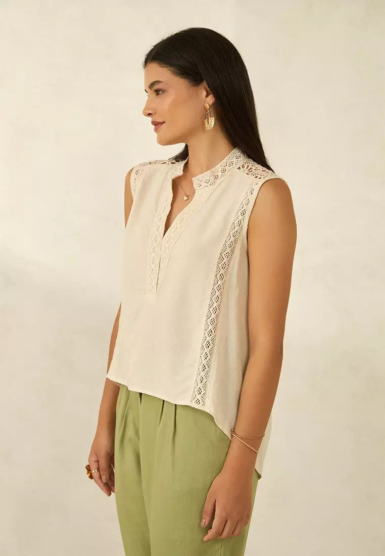 Buy VIRGIO VIRGIO Linen High-Low Hem Sleeveless Lace Top 2025 Online ...