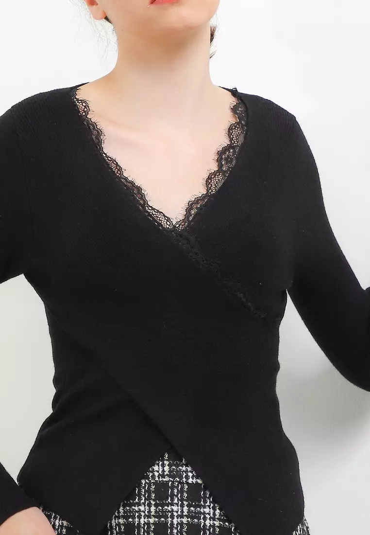Jual Chic Simple Ls Overlap Knit Blouse W Lace Original 2026 | ZALORA ...