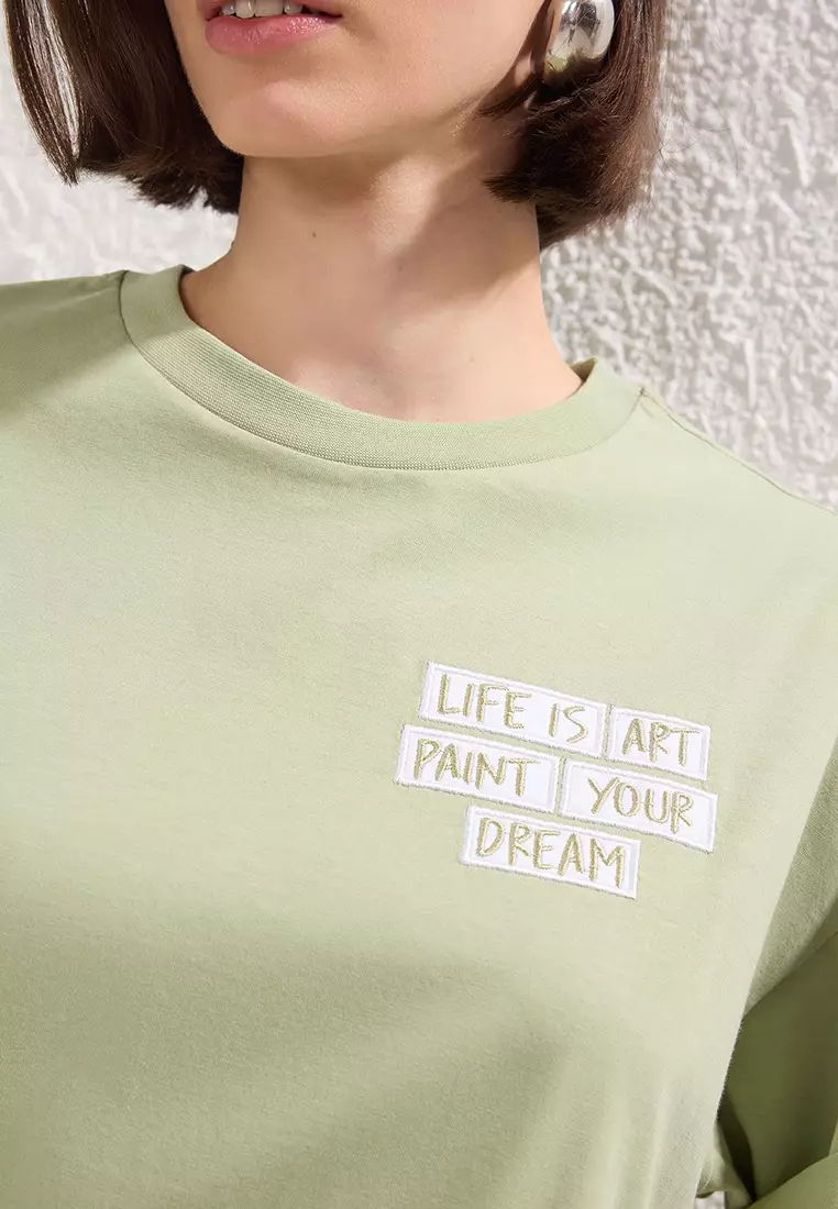 Buy Trendyol Mint 100% Cotton Slogan Patch Detail Oversize/Wide Cut ...