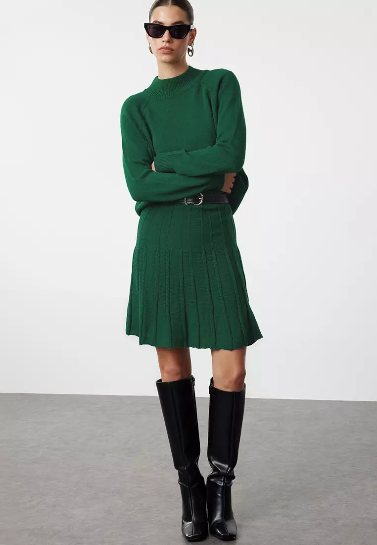 Buy Trendyol Emerald Green Pleated Skirted Knitwear Top-Bottom Set ...