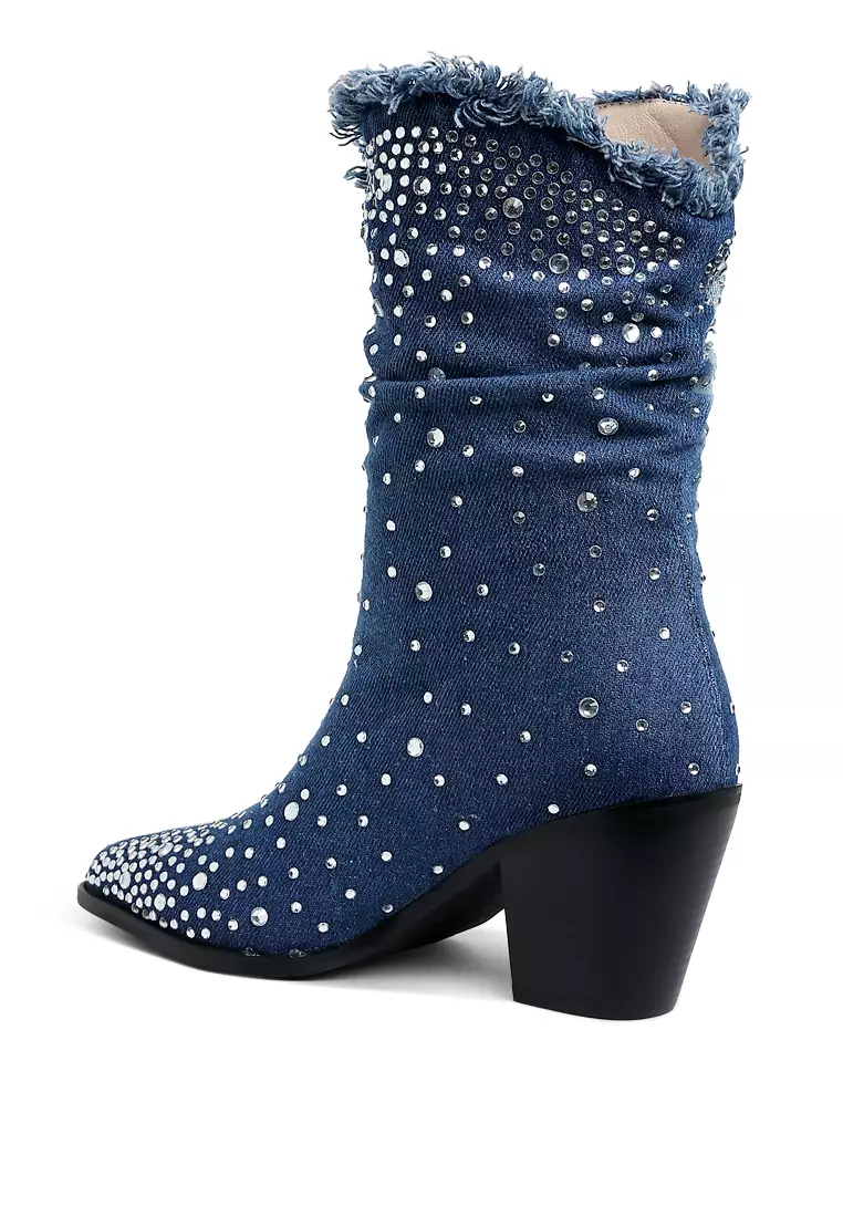 Buy London Rag Diamante & Rhinestones Denim Boots in Dark Blue 2026 ...