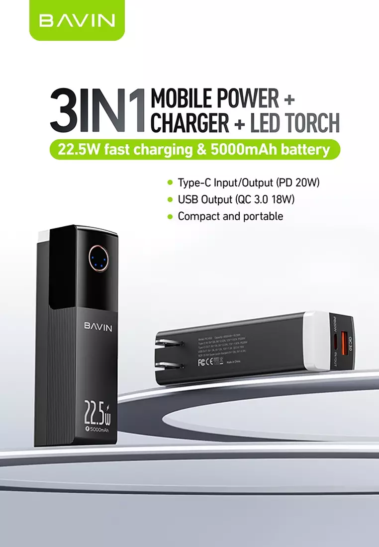 Buy BAVIN PC1053 5000mAh Portable Charger Power bank with 20W USB-C Input / Output Charging 22 ...