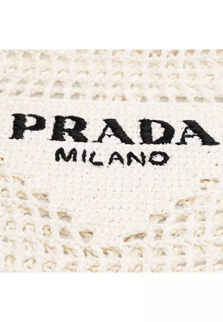 Buy Prada Pre-Loved Prada Raffia Effect Crochet Logo Embroidered Tote ...