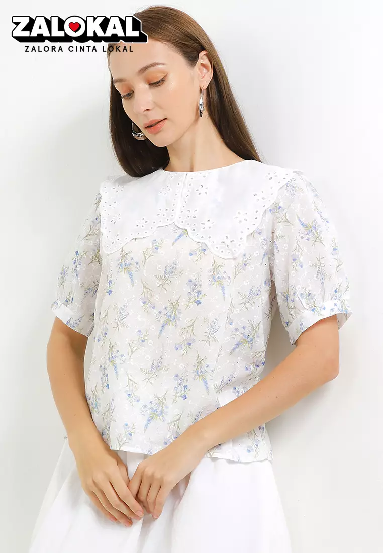 Jual Chic Simple S/S Giant Collar Eyelet Flo Emb Blouse Original 2025 | ZALORA Indonesia