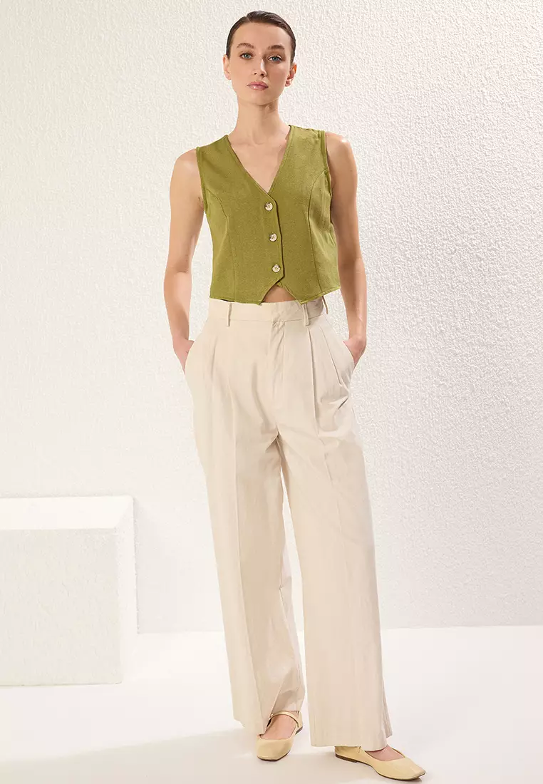 Buy Trendyol Khaki Regular Cotton Crop Linen Woven Vest 2025 Online ...