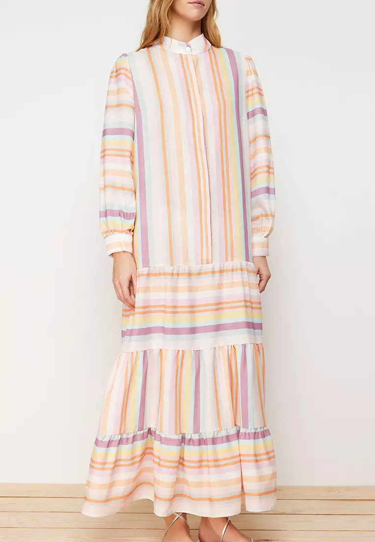 Buy Trendyol Multi Color Striped Skirt Ruffled Linen Look Woven Dress ...