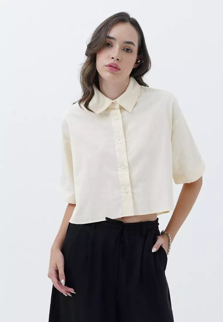 Jual MISSISSIPPI Mississippi Crop Top Linen Shirt Kemeja Wanita Lengan Pendek LIN000518M Kream ...