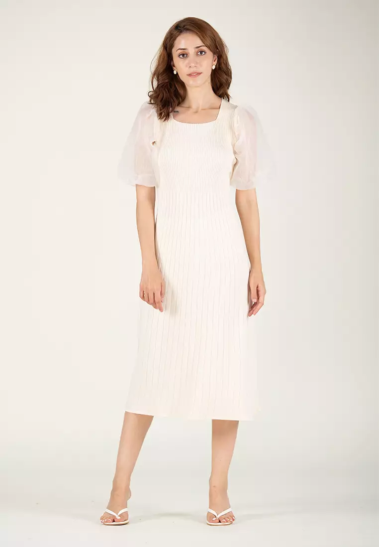 Plain B Plain B Puff Sleeve Square Neck Knitted Midi Dinner Dress