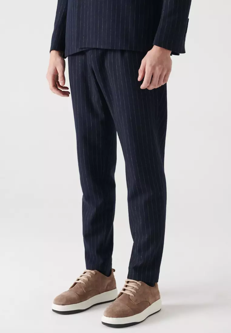 Jual Avva Mens Navy Blue Wool Pleated Pleated Stripe Relaxed Fit Casual ...
