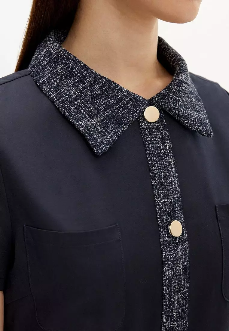 Pomelo Buttoned Tweed Dress - Navy 2025 | Buy Pomelo Online | ZALORA ...