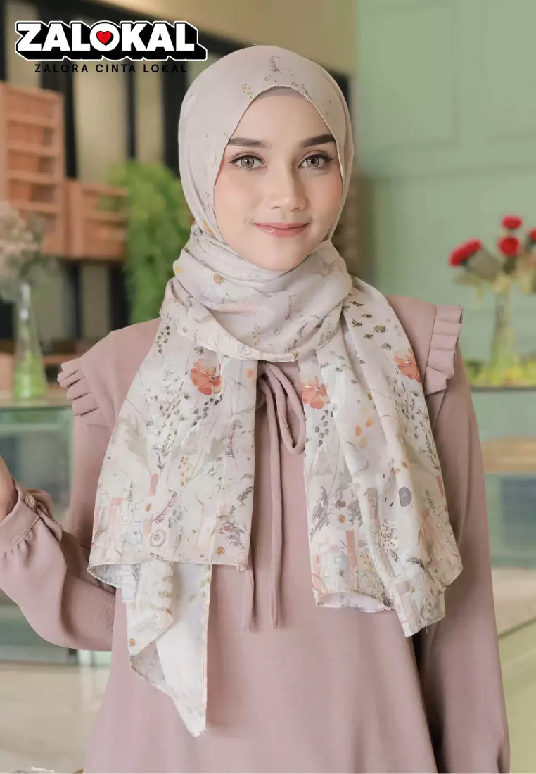Jual Hijab Wanita Cantik.com Pashmina Zinnia Voal Hijab printing premium Bahan Katun Icy Voal ...