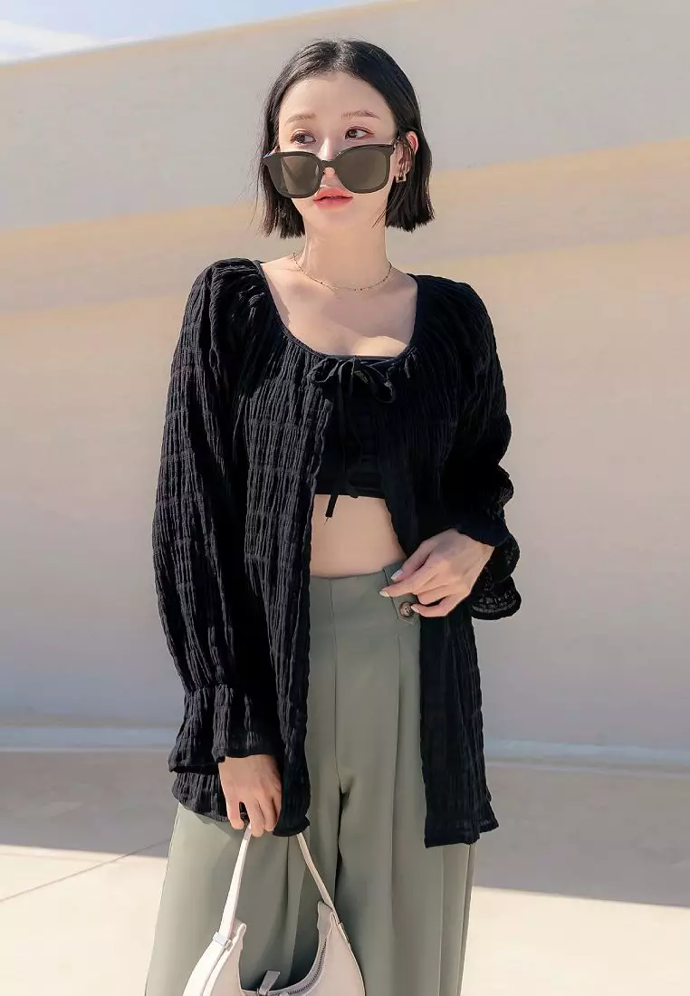Buy OBSTYLE Textured Puff-Sleeve Sheer Overlay Shirt/Jacket [EA3368 ...