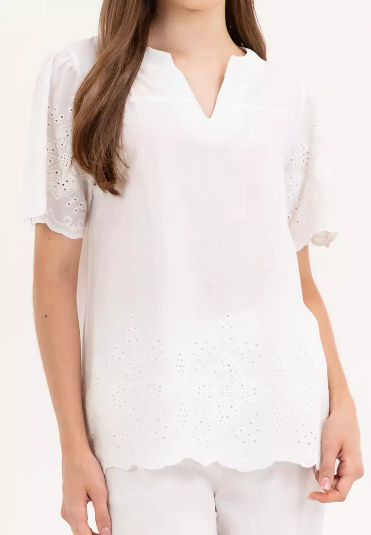 Buy Beyond The Seams Zelda Cotton Embroidered Blouse, with Notch Collar ...