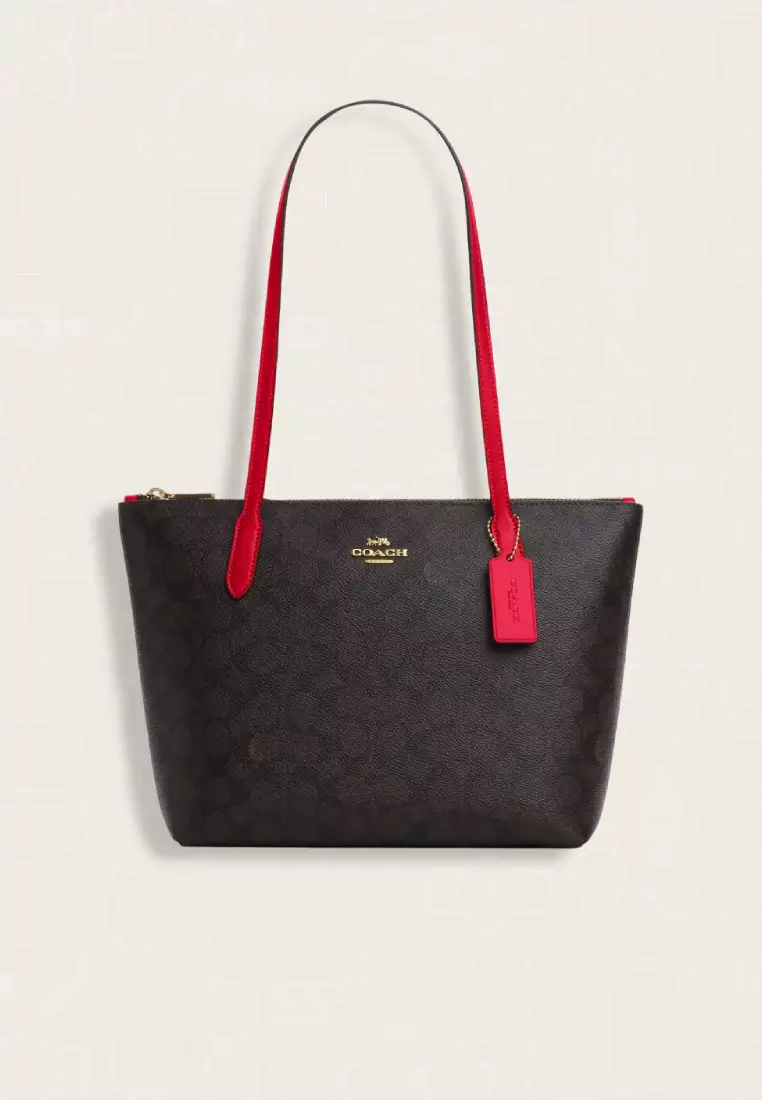 Jual Coach Coach Fiona Zip Tote Bag In Signature Canvas Walnut Bold Red ...