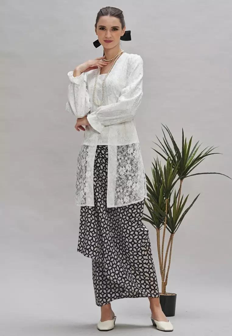 Buy Loveaisyah White Long Lace Kebaya & Black Geometric Batik Wrap ...