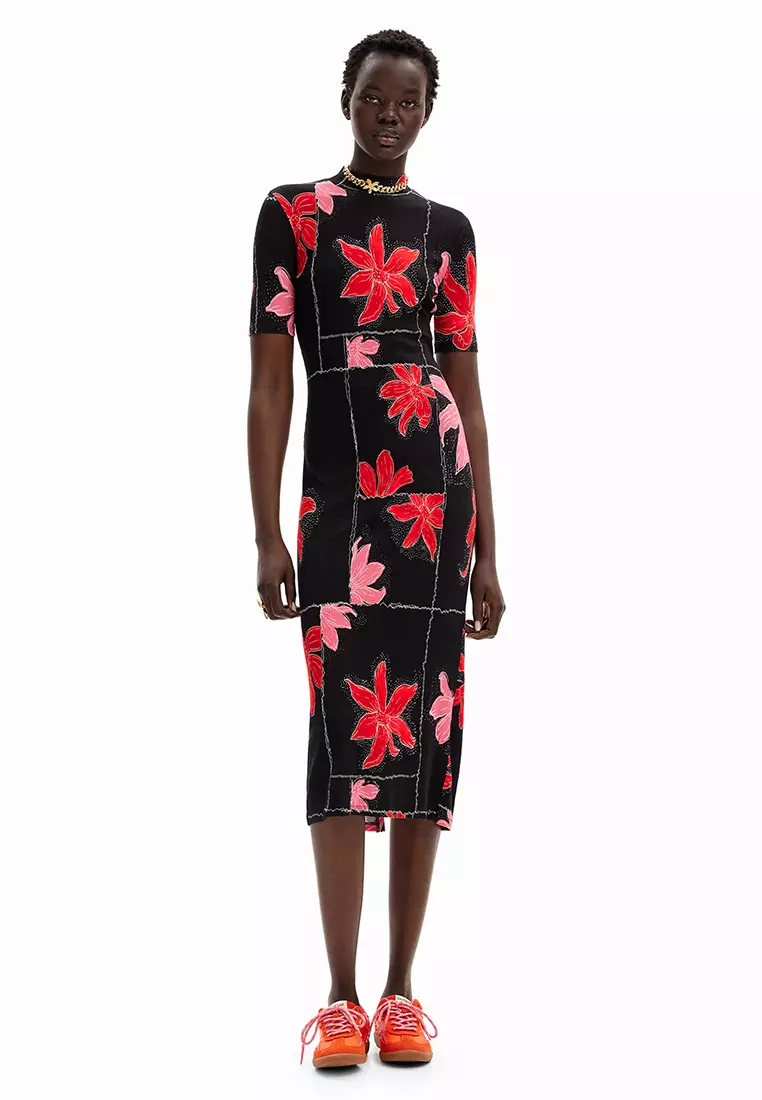 Buy Desigual Desigual Woman Ribbed floral midi dress. 2025 Online | ZALORA