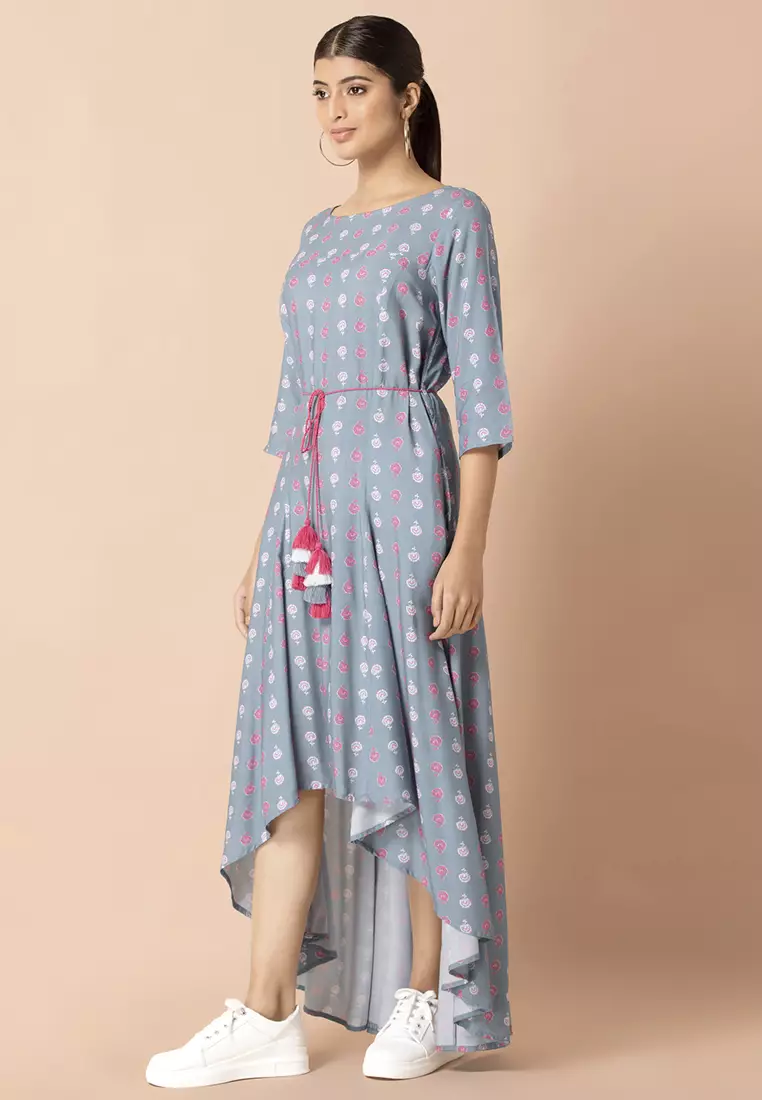 Buy Indya Powder Blue Boota Flared High Low Tunic Dress With Dori Belt ...