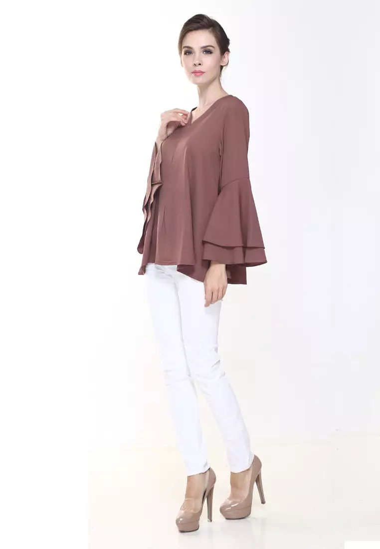 Buy RINA NICHIE COUTURE Rena Top 2 Layers Peplum Sleeves in Dark Brown ...