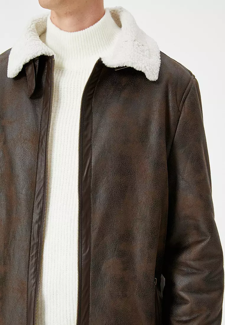 Jual KOTON Sherpa Collar Faux Leather Jacket Original 2025 | ZALORA ...