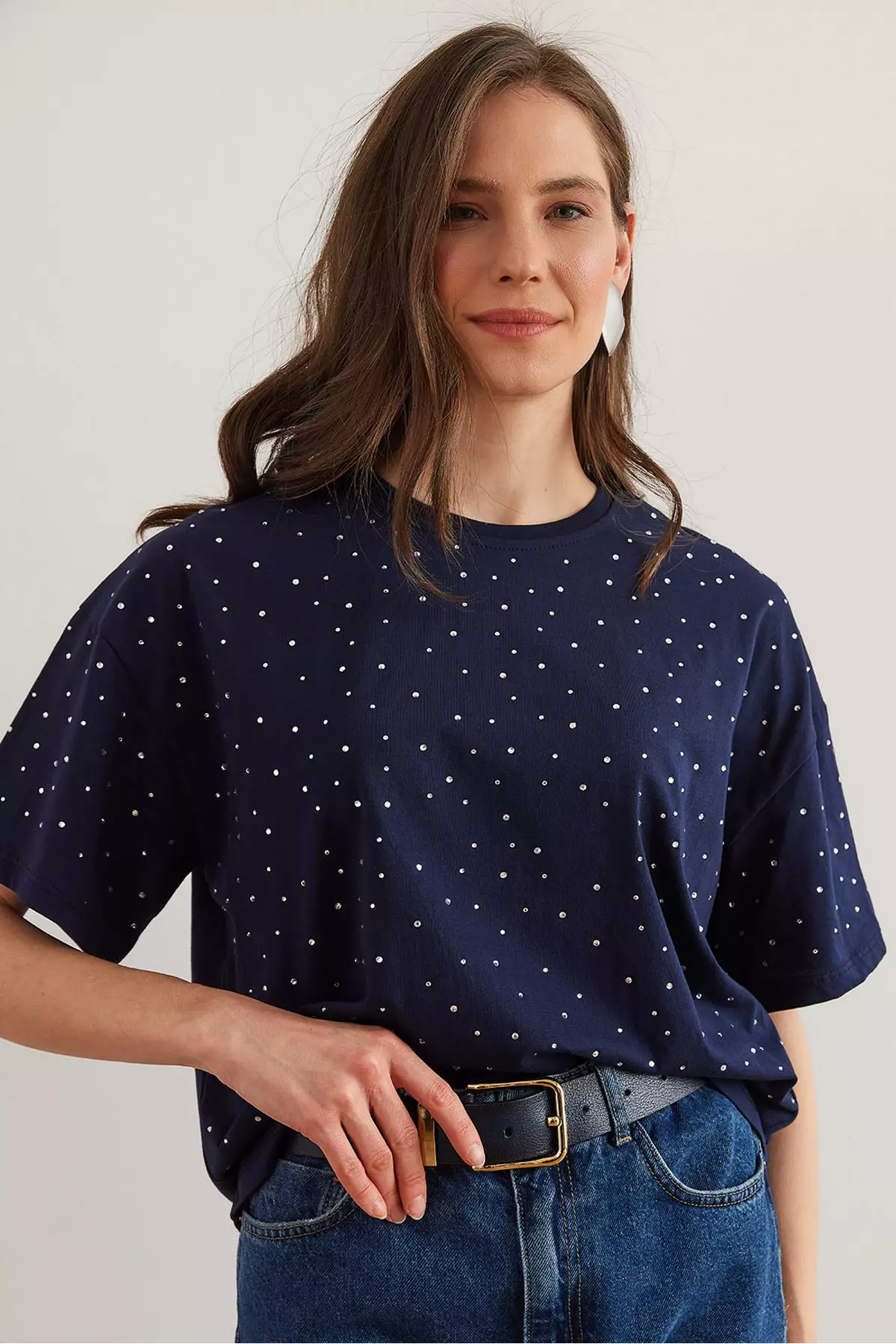 Buy Olalook Women's Navy Blue Print Stone Detailed Regular Fit T-Shirt ...