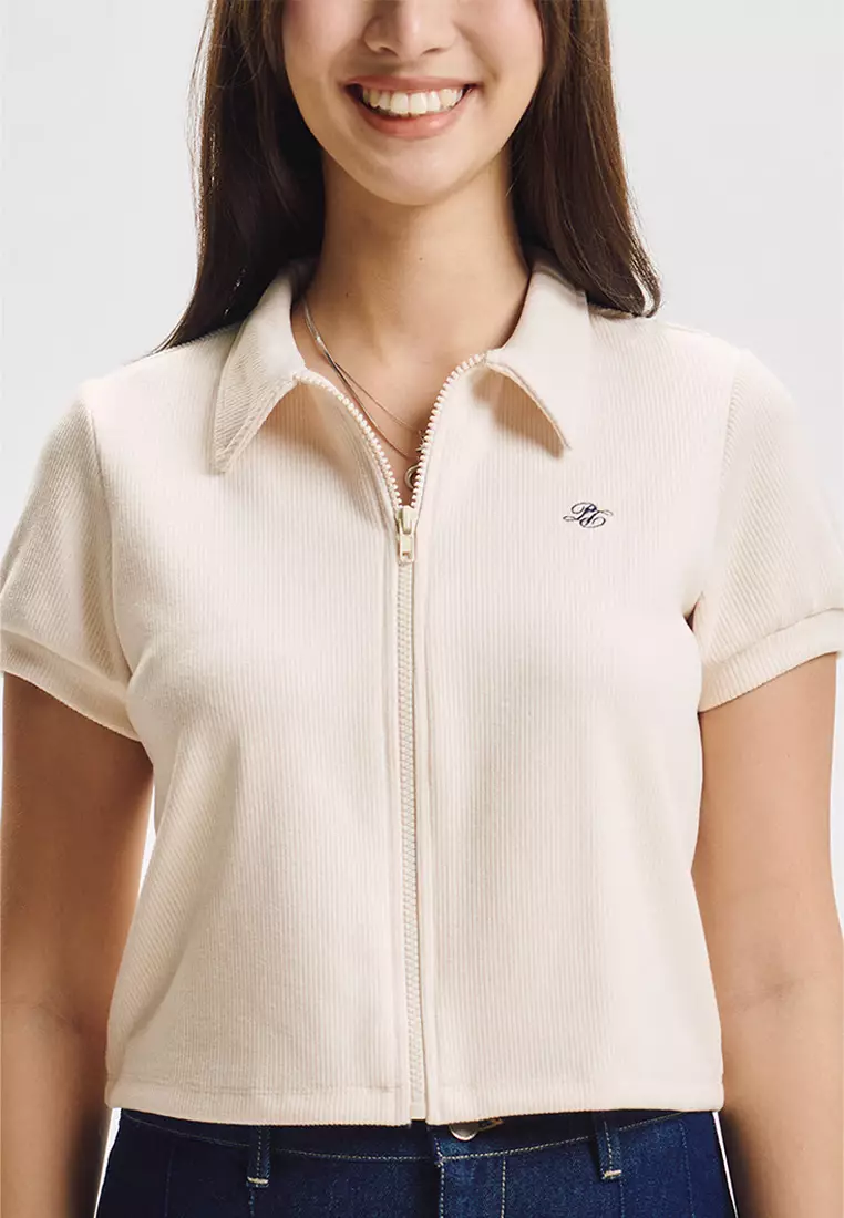 Buy Penshoppe Puff Sleeve Zip Ribbed Knit Polo with Embroidery 2026 ...