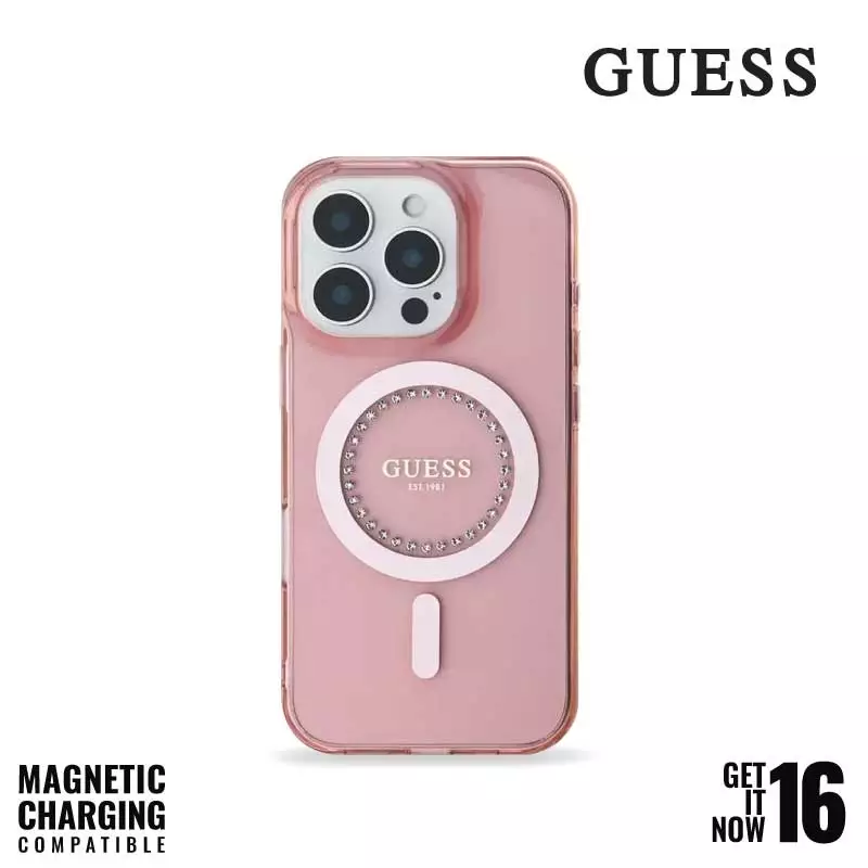 Jual GUESS Case For iPhone GUESS Magsafe IML Rhinestone Pink, 16 pro ...