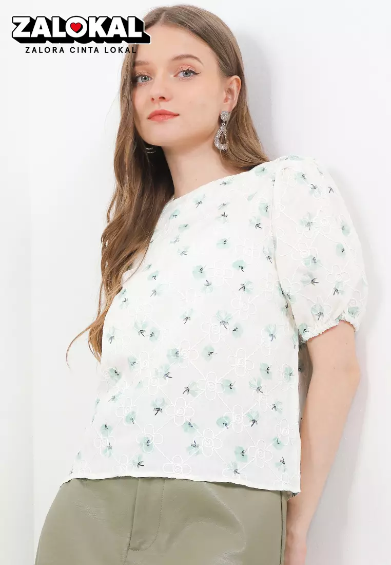 Jual Chic Simple Puff Sleeve Emb Print Blouse Original 2025 | ZALORA Indonesia