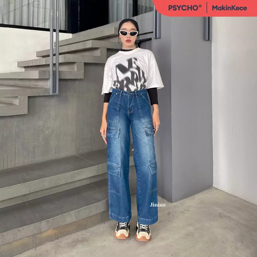 Jual JINISO Highwaist Cargo Loose Jeans 554 PSYCHO Original 2025 | ZALORA Indonesia