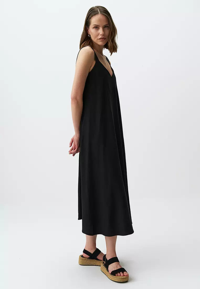 Buy Jimmy Key Jimmy Key Black Strappy V Neck Basic Midi Linen Dress ...