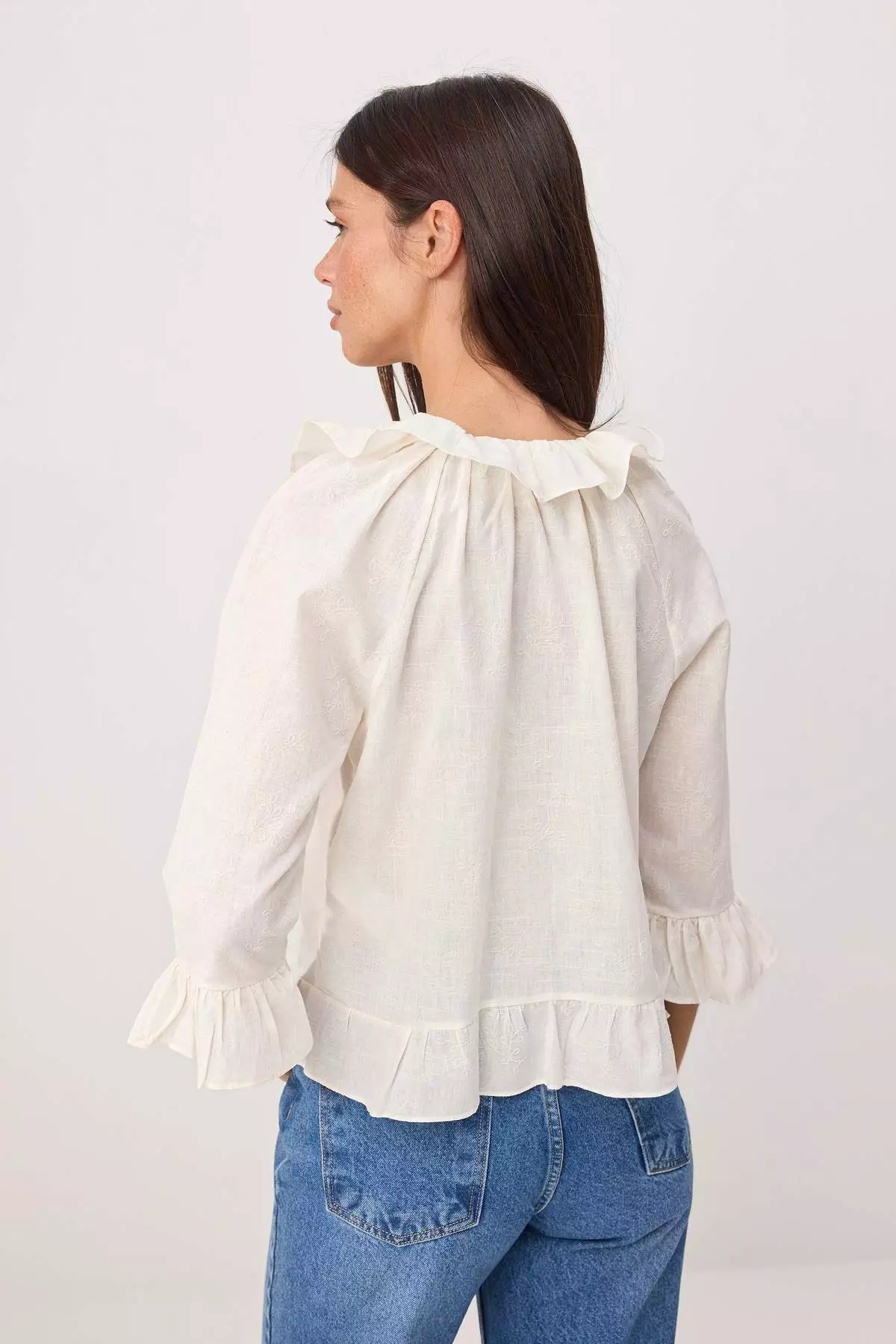 Buy Trendyol White Ruffle Detailed Self Patterned Woven Blouse ...