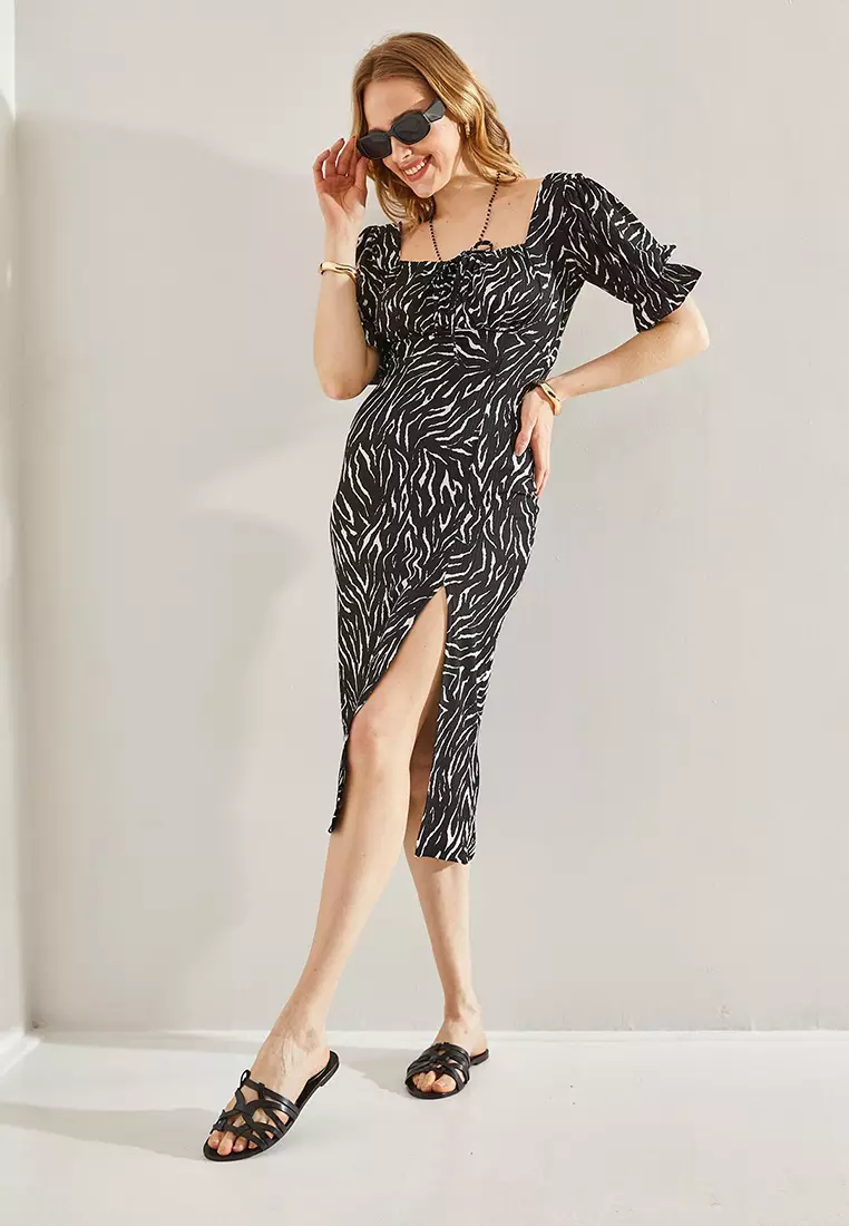 Jual Bianco Lucci Women's Square Neck Tie Front And Slit Dress With ...