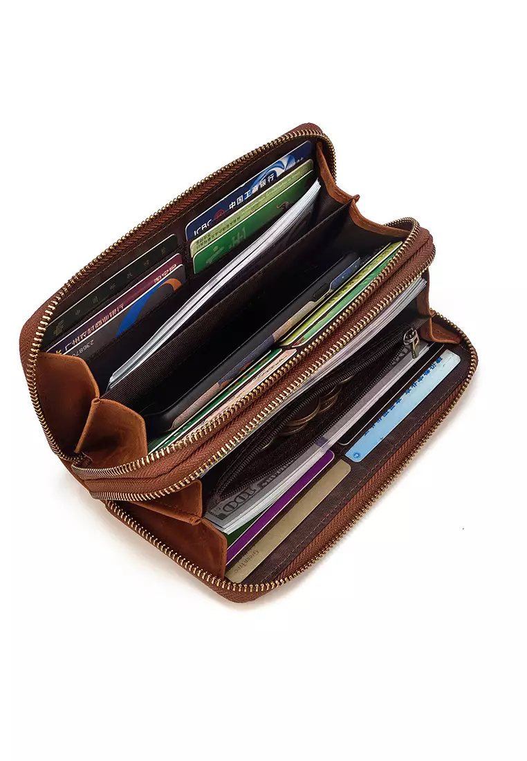 Buy Lara Men's Vintage Genuine Leather Double Zipper Clutch Purse Long ...
