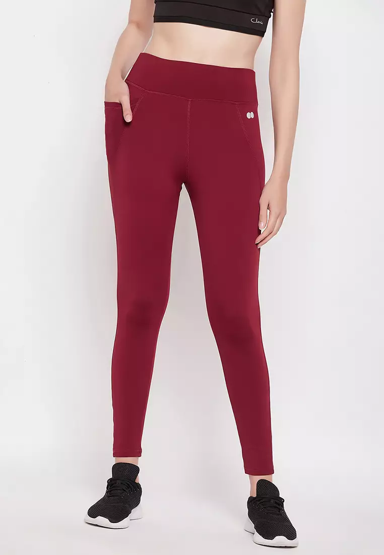 Buy Clovia Clovia High-Rise Active Tights in Maroon with Side Pocket ...