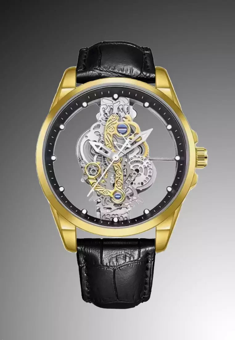 EGLANTINE Round Skeleton Alloy Quartz Watch on Black Leather strap 2025 ...