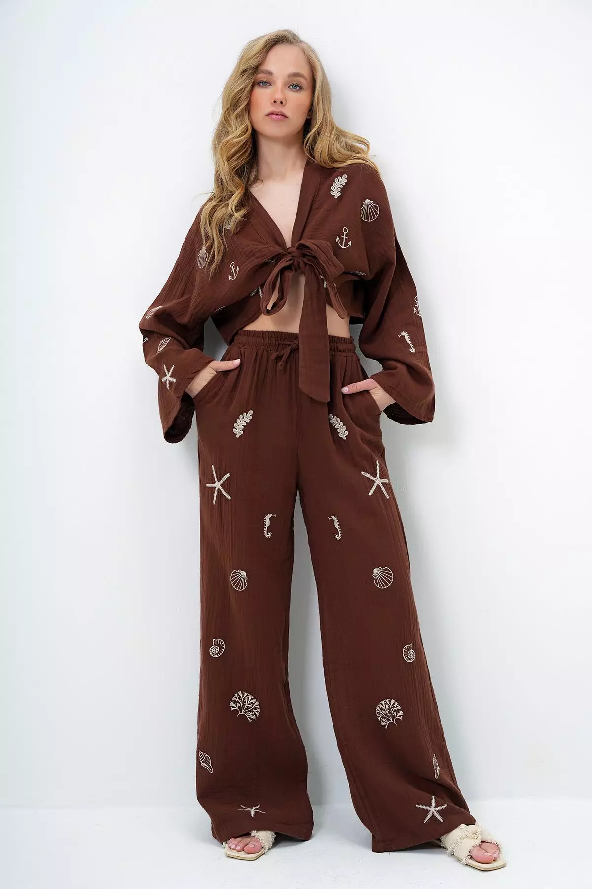 Buy Alacati Women's Brown Embroidery Embroidered Lacing Detailed Muslin ...