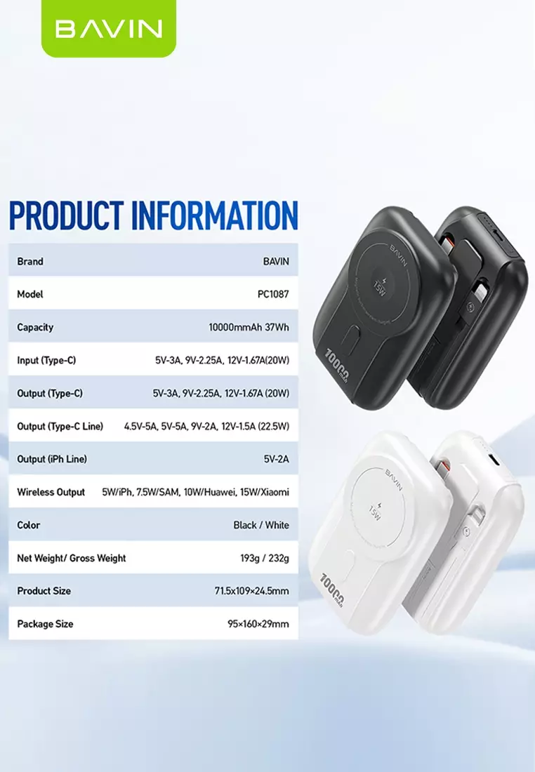 Buy BAVIN Bavin PC1087 10000mAh 22.5W Fast Charging Powerbank & Built-in Cable, 15W Magnetic ...
