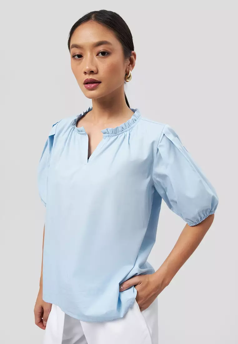 Jual Executive Puff Sleeve V-Neck Blouse Original 2025 | ZALORA Indonesia