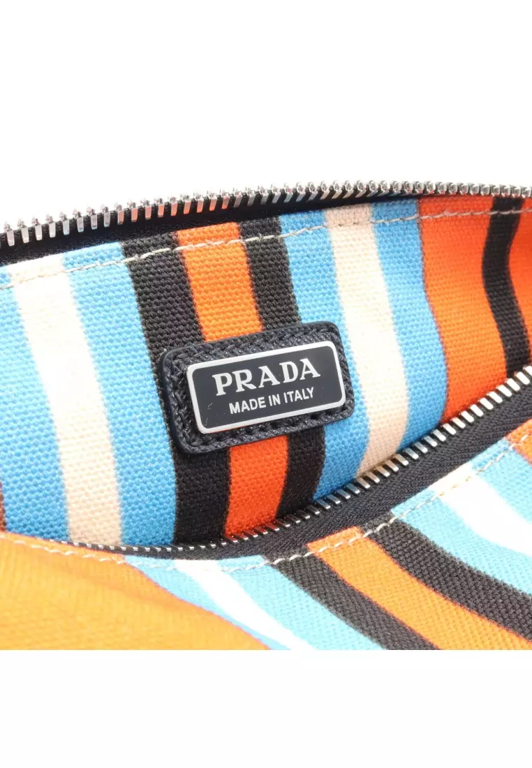 Prada Pre-loved Prada Clutch bag stripe canvas Saffiano leather orange ...