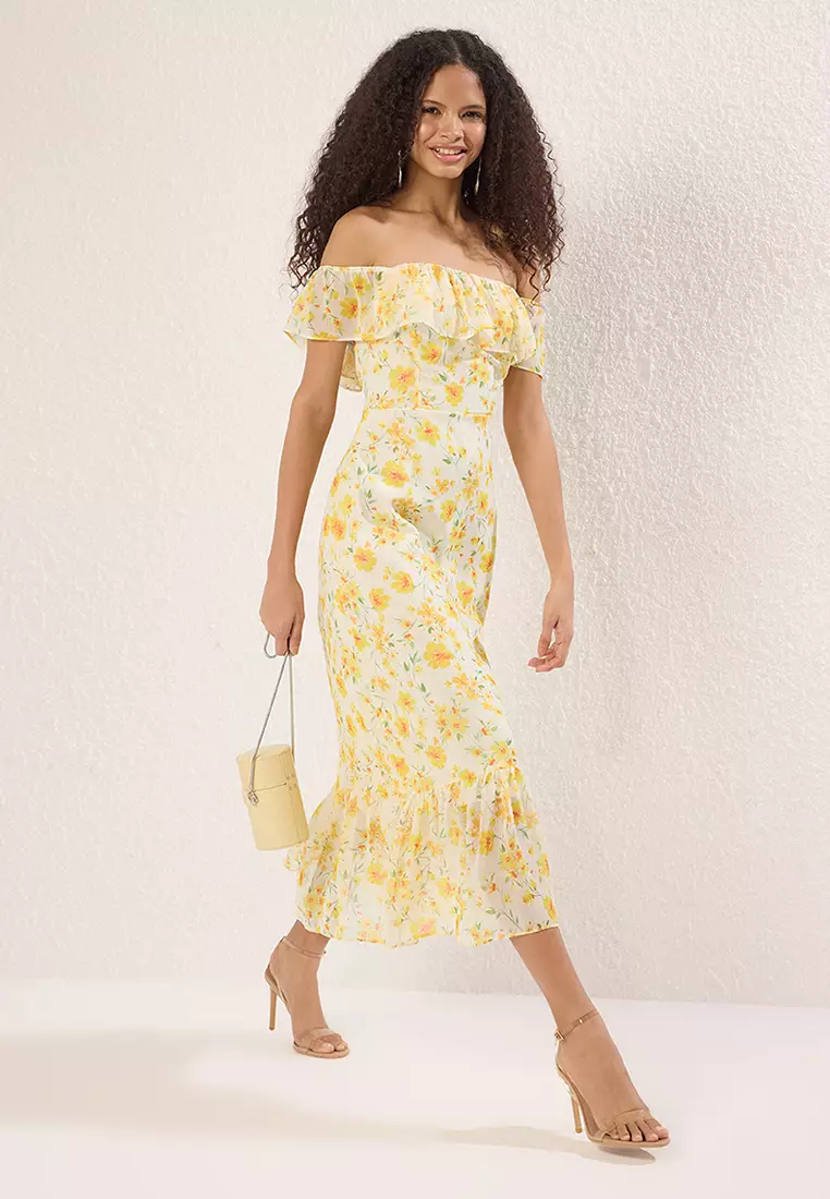Buy Trendyol Yellow Floral Skirt Waist Opening Ruffle Chiffon Flight ...