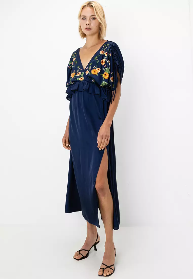 Buy ASOS Design Embroidered Satin Midi Dress With Frill Waist 2025 ...