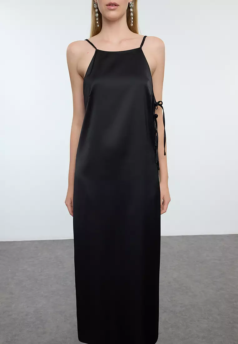 Buy Trendyol Black Window/Cut Out Detailed Bow Satin Elegant Evening ...