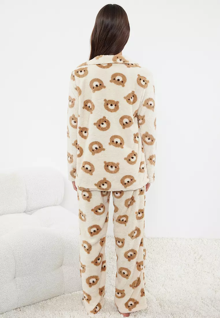 Buy Trendyol Ecru Teddy Bear Wellsoft Winter Knitted Pajama Set ...