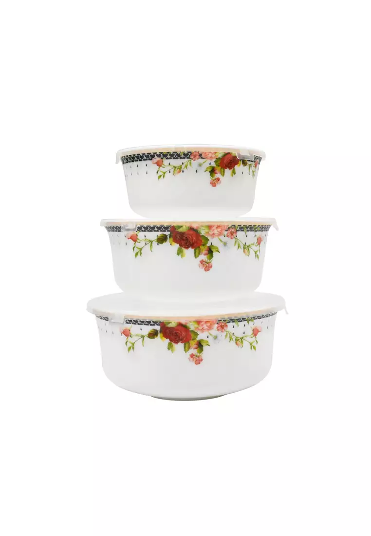 Buy QUEENS 3 Pcs Opalware Glass Storage Bowl Set with Rubber Lid ...