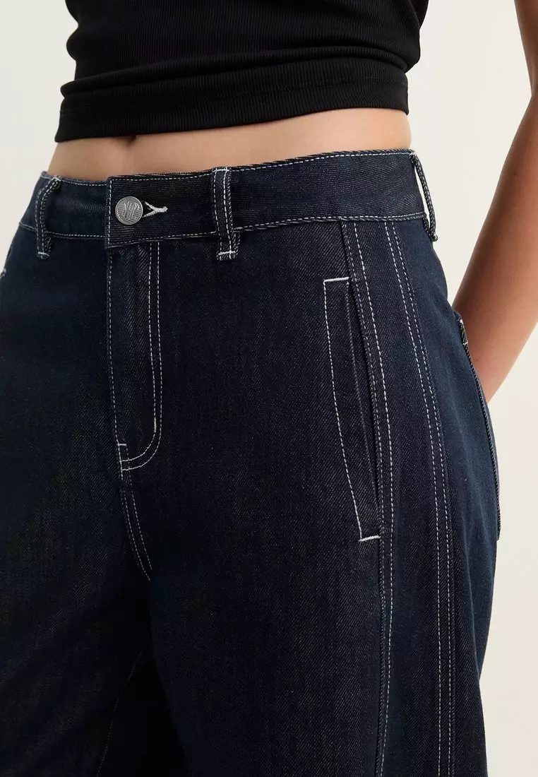 Buy Pomelo Mid Waist Wide Leg Denim Pants - Blue 2026 Online | ZALORA