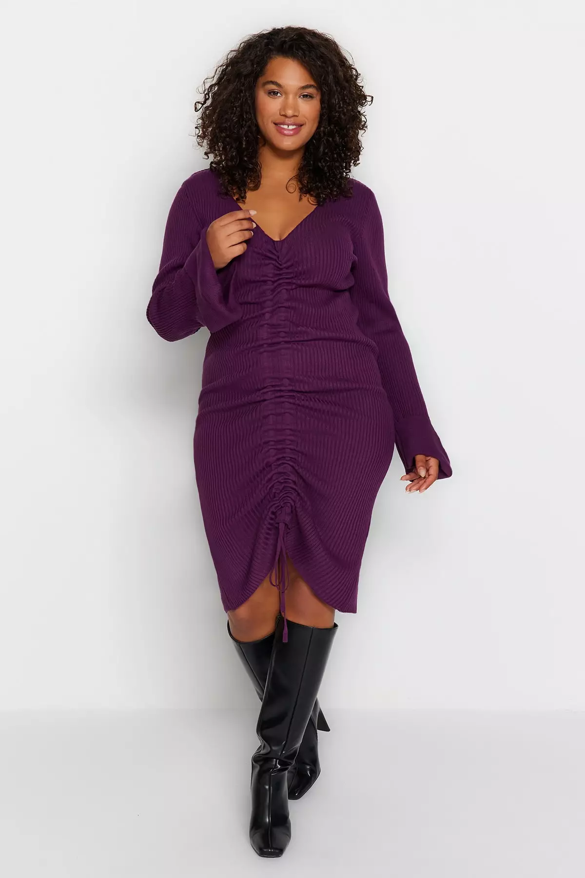 Buy Trendyol Plus Size Ribbed Shirring Detailed Slim Knitwear Dress ...