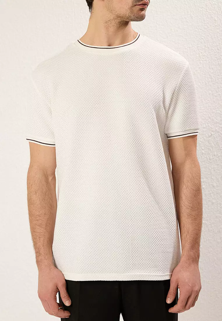 Buy Trendyol White Regular Cut Textured Knitted Banded T-Shirt ...