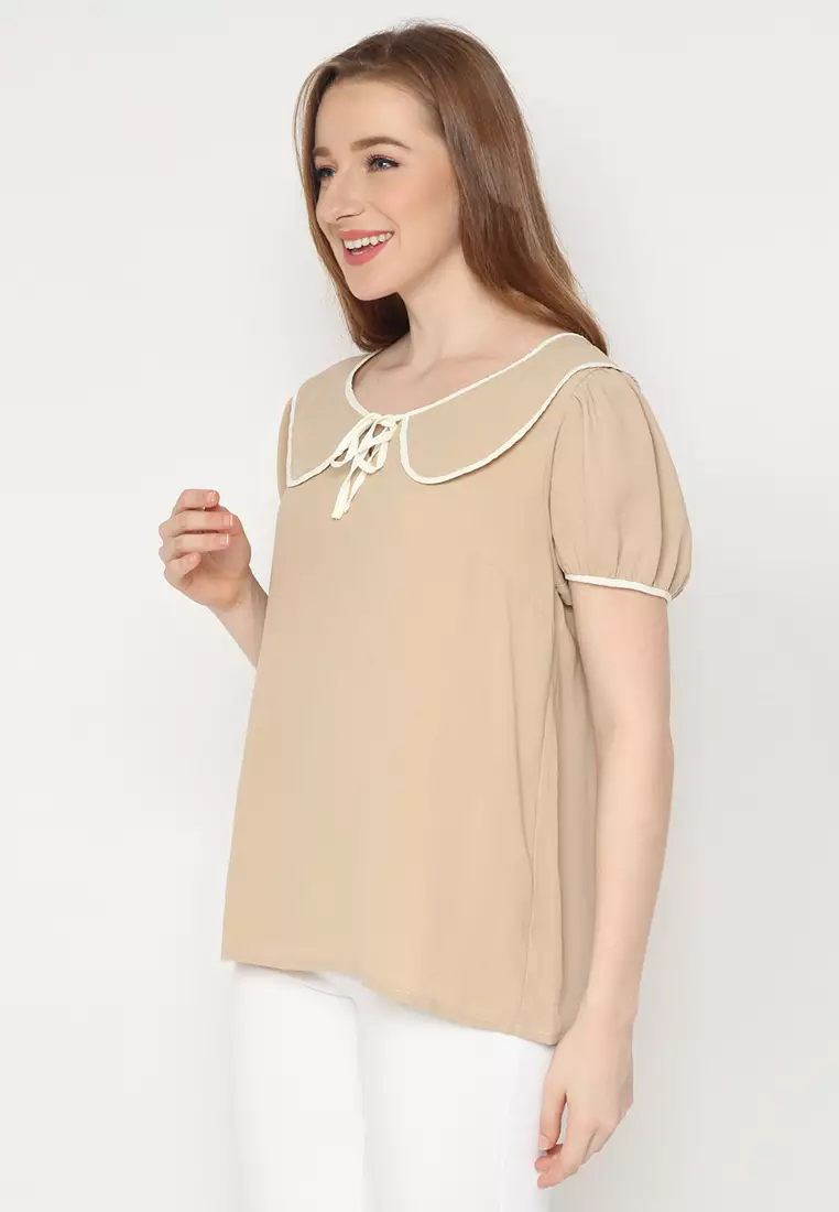 Jual Mobile Power Short Sleeve Blouse Brown Mobile Power Ladies ...