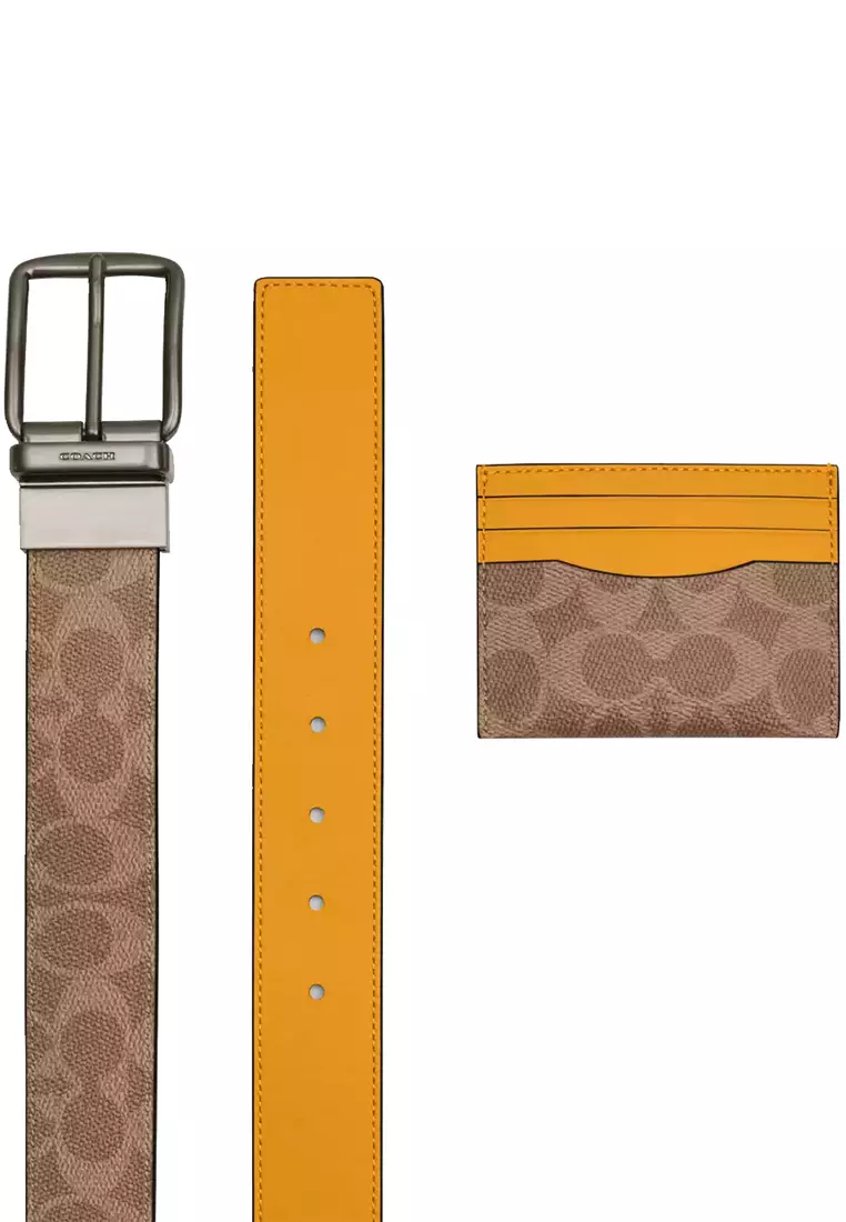 Buy COACH Boxed Card Case And Belt Set In Signature Canvas - Tan ...