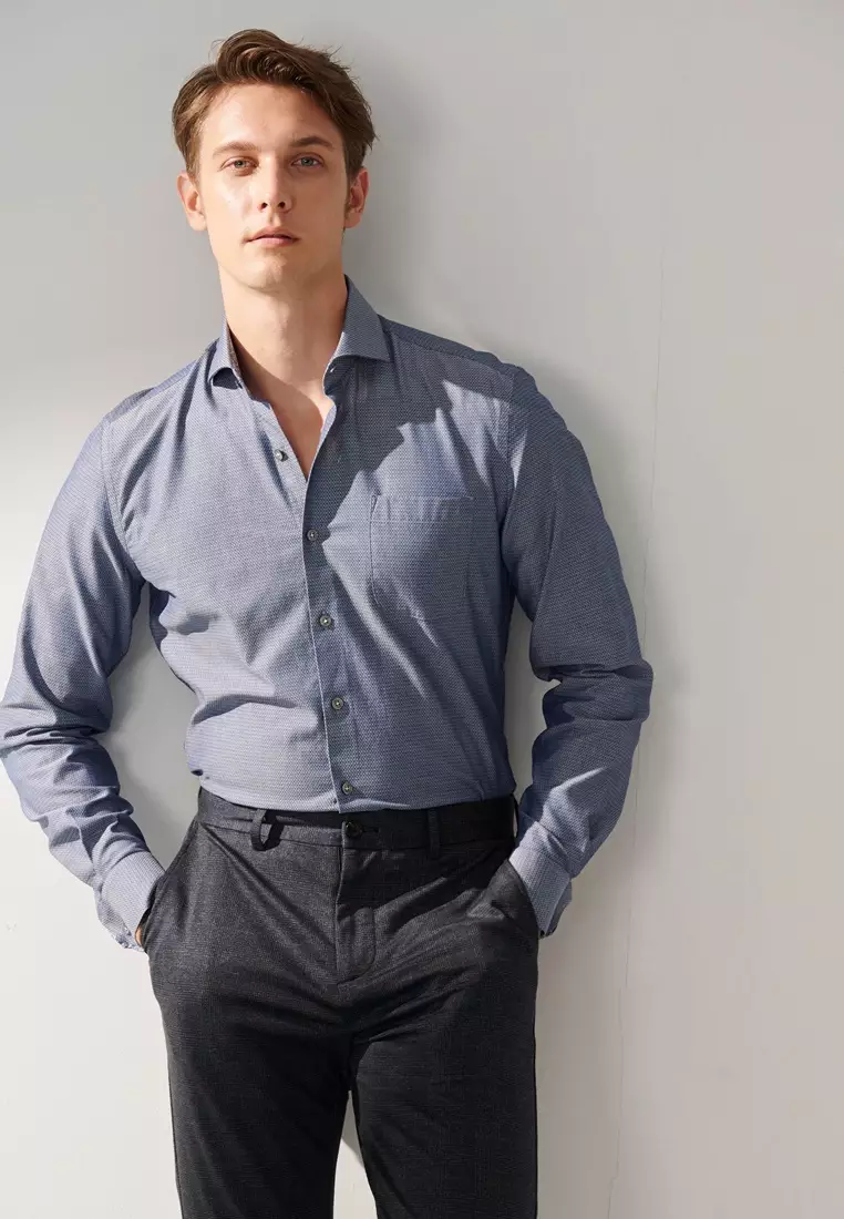 Buy SST&C Dark Blue Textured Slim Shirt Online | ZALORA Malaysia